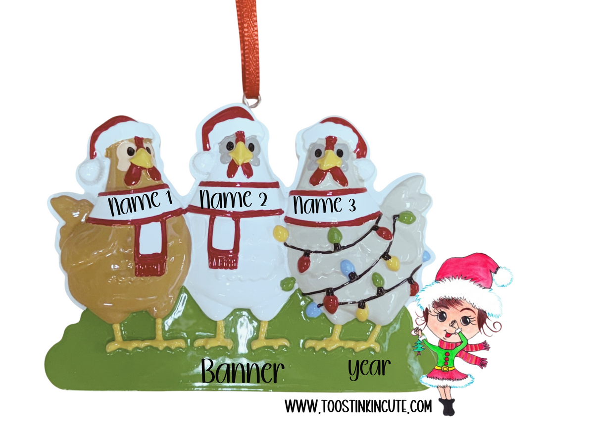 Personalized Chicken Family of 3 Christmas Ornament – Too Stinkin' Cute